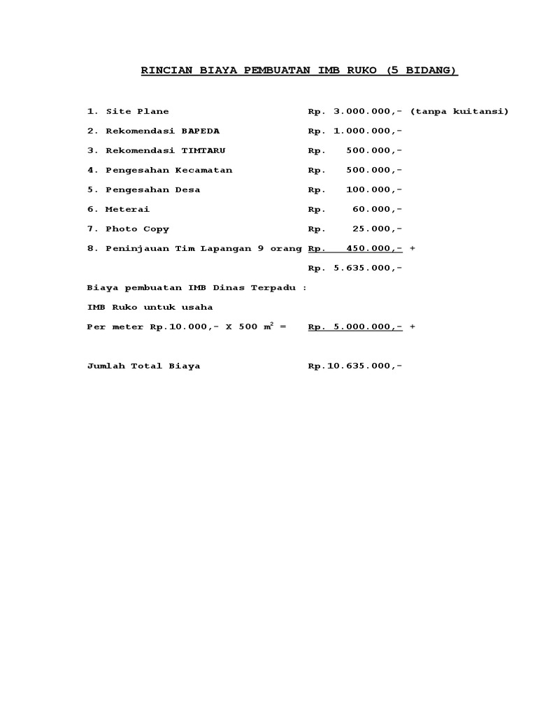Rincian Biaya Pembuatan IMB Ruko (5 Bidang) | PDF