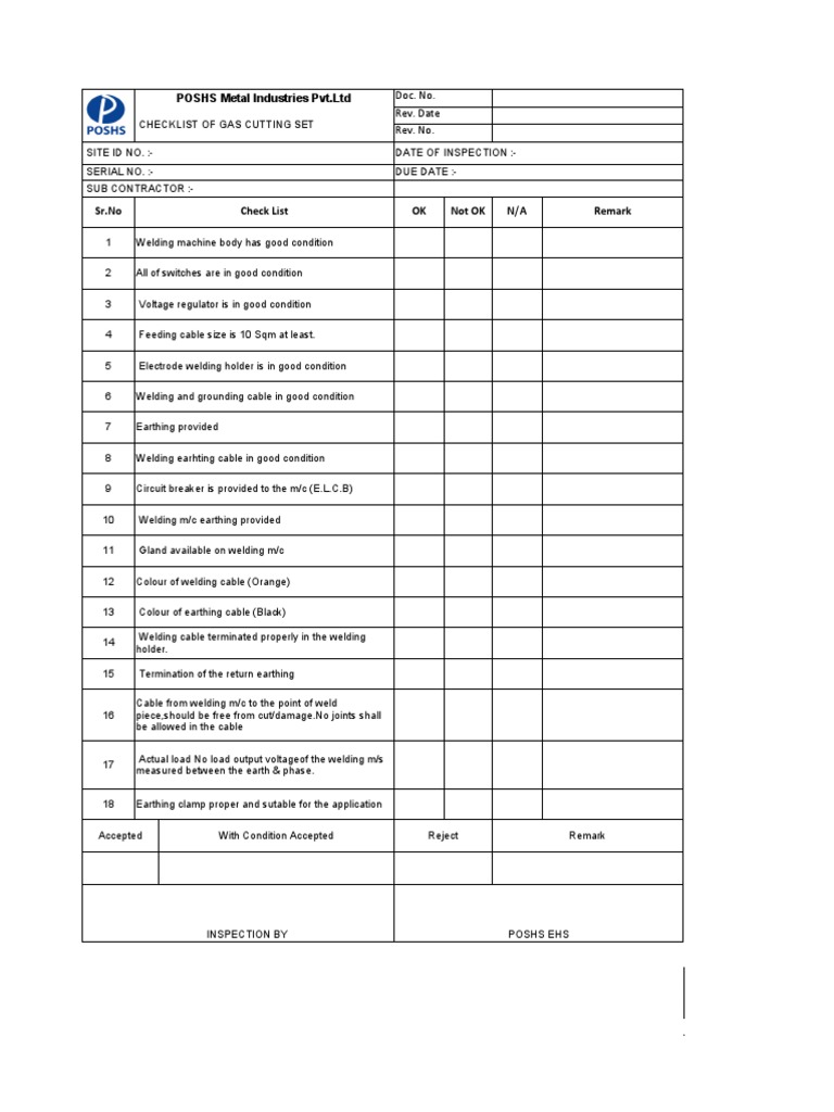 Gas Cutting Set Inspection Checklist | PDF
