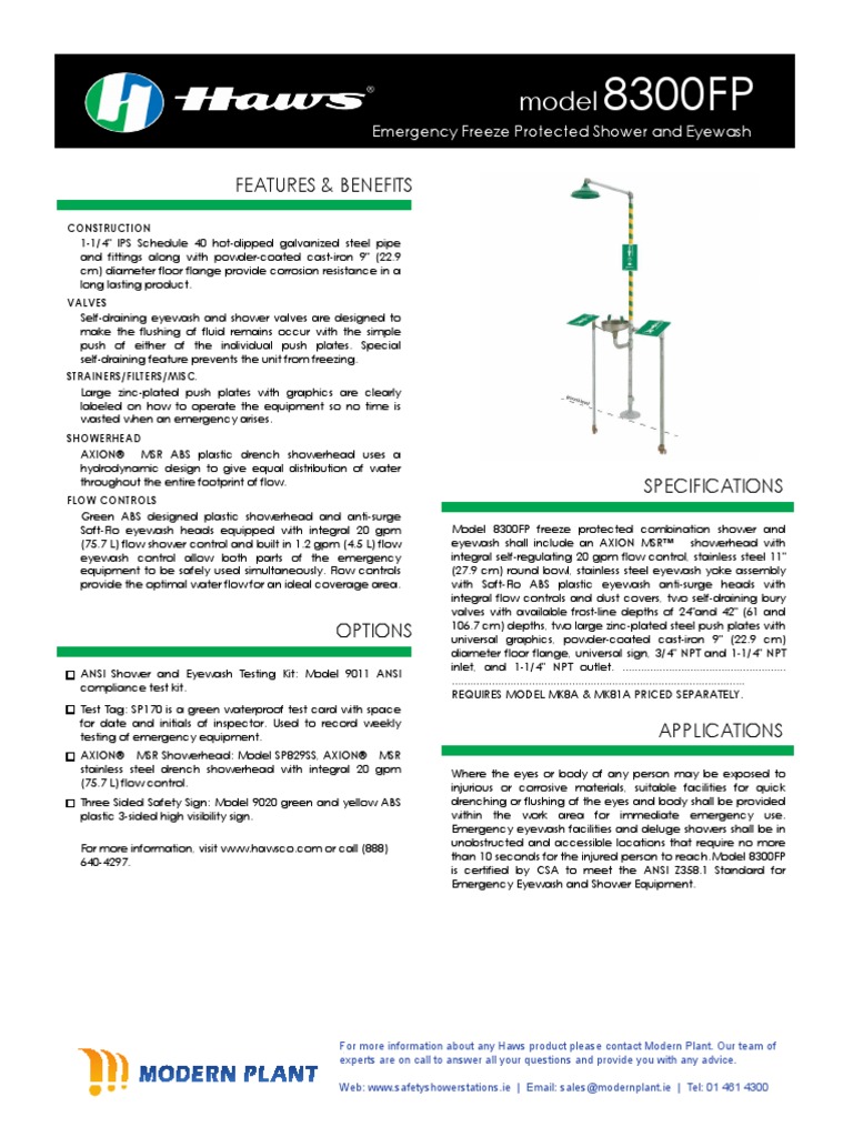Haws Model 8300fp Specsheet | PDF | Shower | Valve