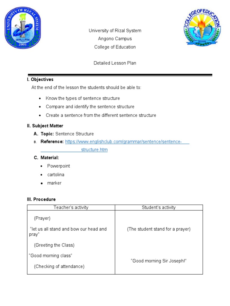 Lesson Plan on Sentence Structure | PDF | Cognition | Linguistic Typology