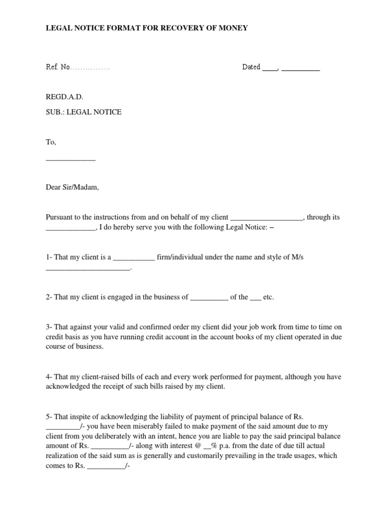 Legal Notice Template for Money Recovery | PDF | Legal Liability | Payments