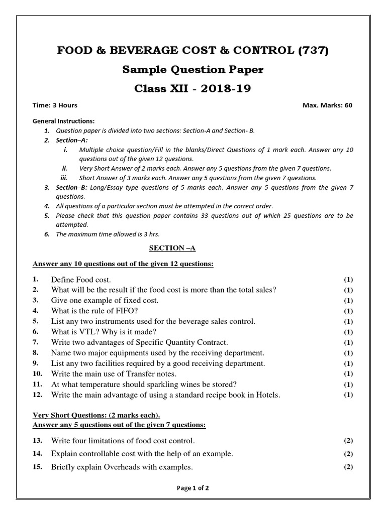 Food & Beverage Cost & Control (737) Sample Question Paper Class XII ...