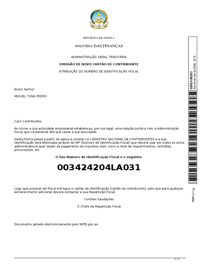 Notificação de atribuição do Número de Identificação Fiscal e emissão ...