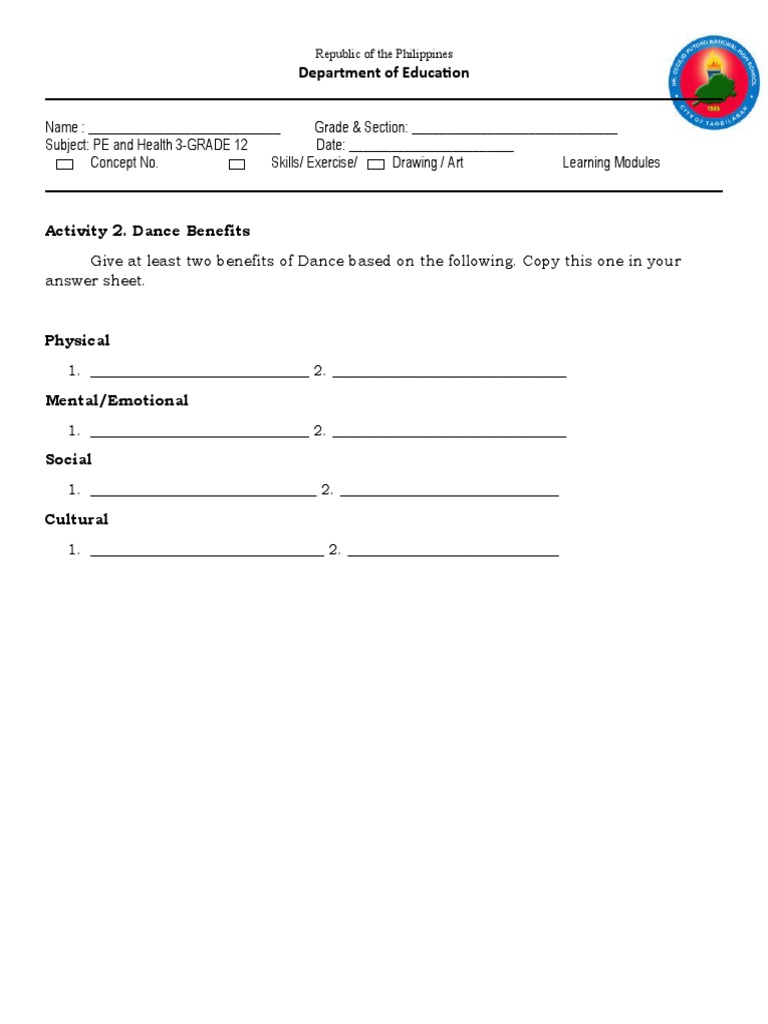 Answer Sheets Peh12 Q2 M2 | PDF