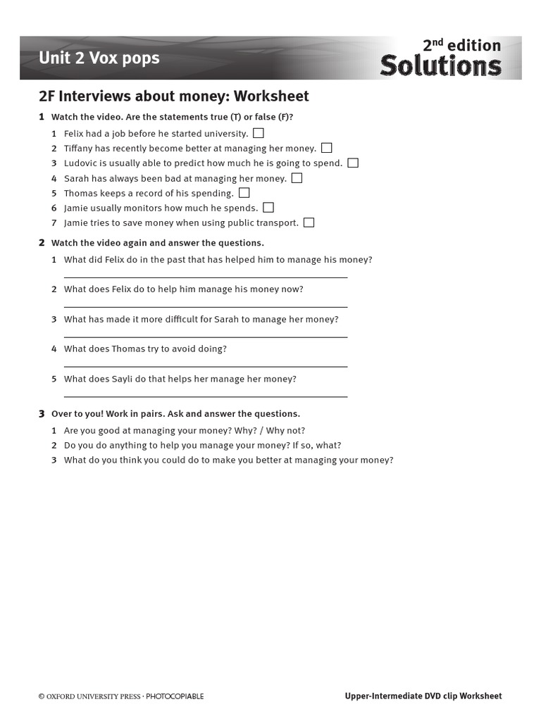 Money Management Interviews Worksheet | PDF