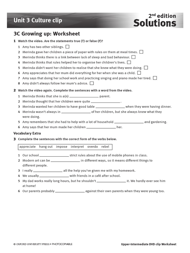 Unit 3 Culture Clip: 3C Growing Up: Worksheet | PDF
