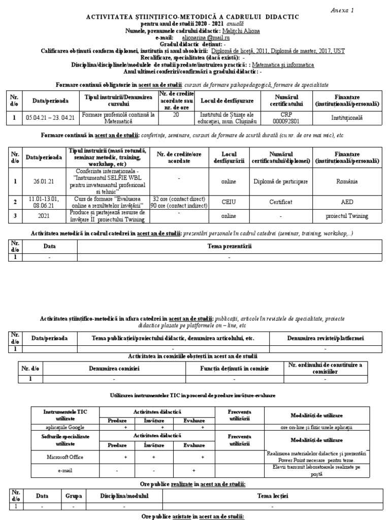 Activitatea Cadrului Didactic Anuală | PDF