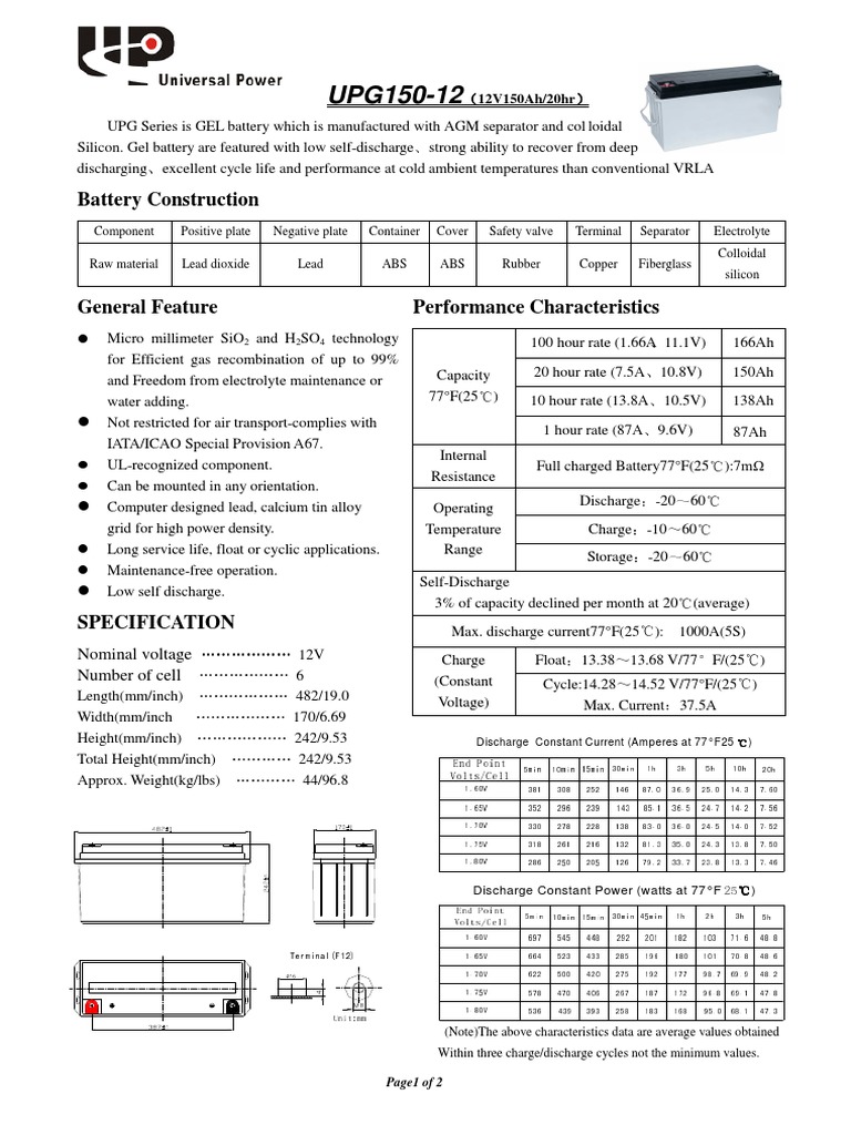 UPG Series GEL Battery Specs | PDF | Electrical Engineering | Battery ...