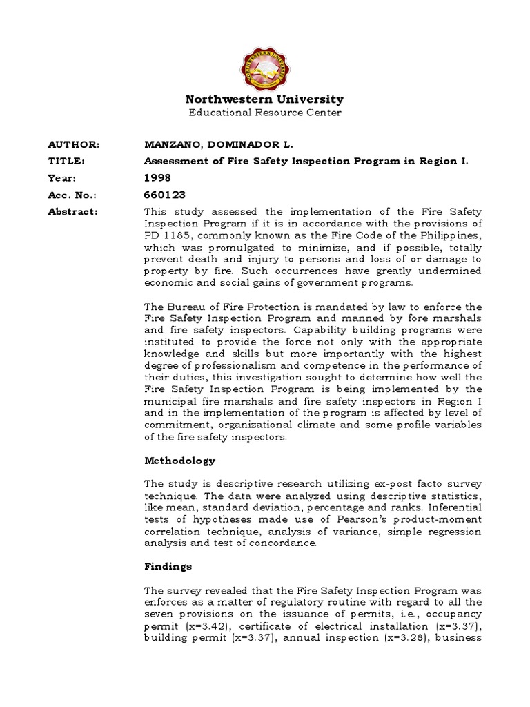 Assessment of Fire Safety Inspection Program in Region I | PDF | Fire ...