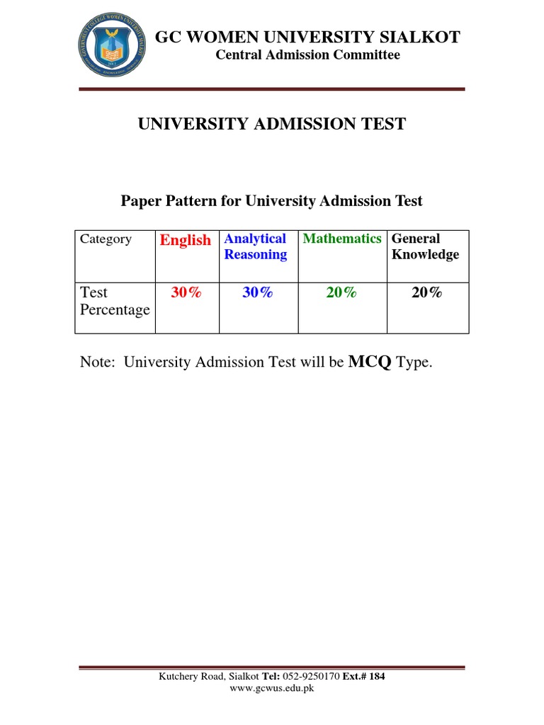 GCWUS Undergraduate Admission Test Paper Pattern and Sample Paper | PDF ...