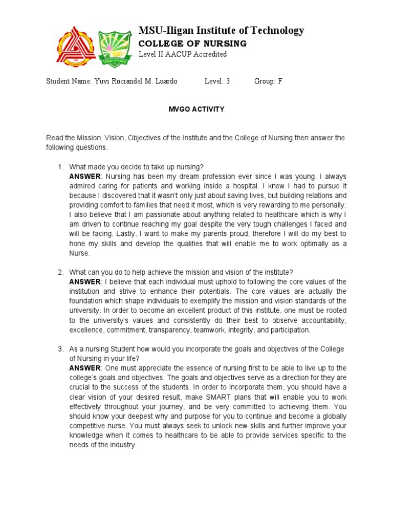 Activity 1 - MVGO ACTIVITY | PDF | Goal | Nursing