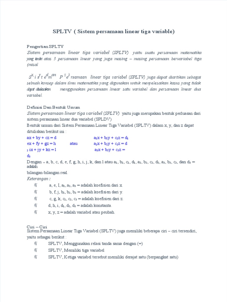PDF Materi SPLTV Kelas X Pert 1docx | PDF