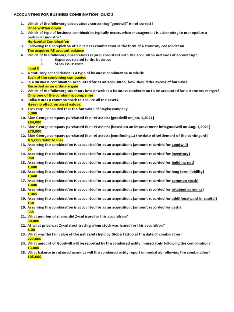 Accounting For Business Combination - Quiz 2 | PDF | Goodwill ...