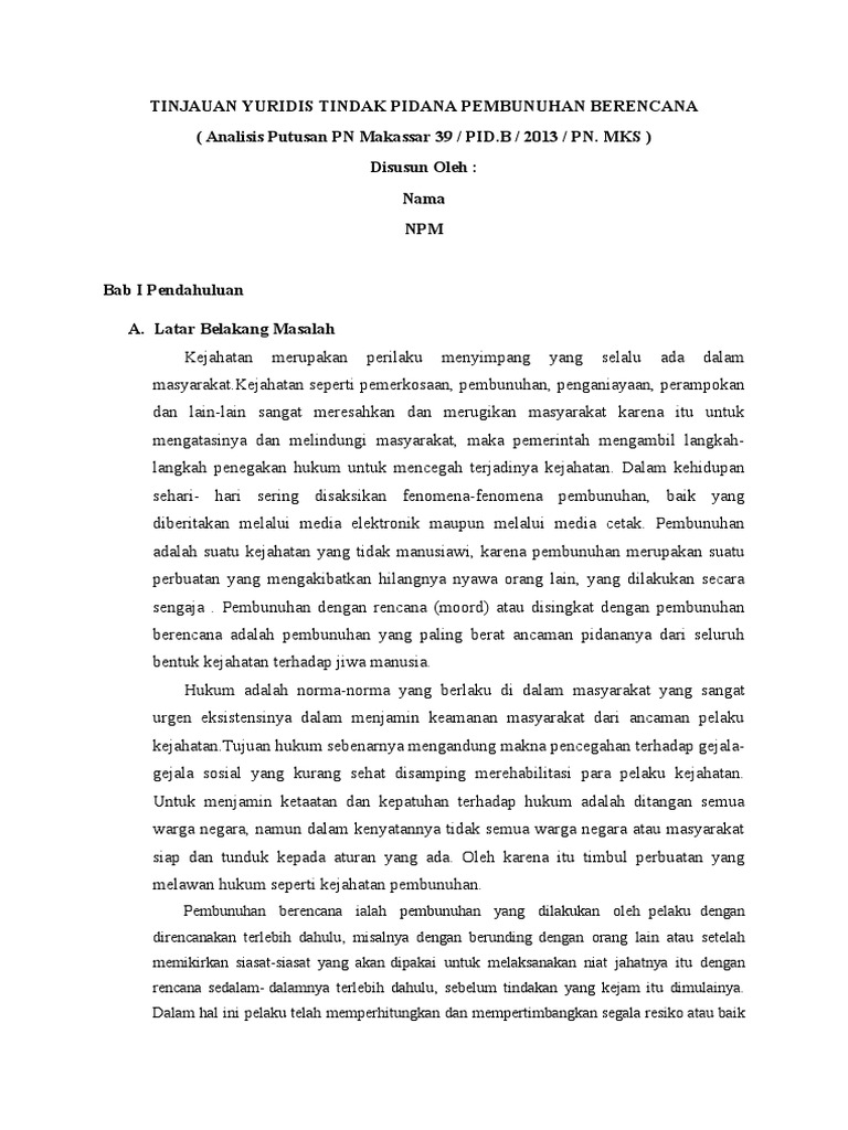 Tinjauan Yuridis Tindak Pidana Pembunuhan Berencana | PDF