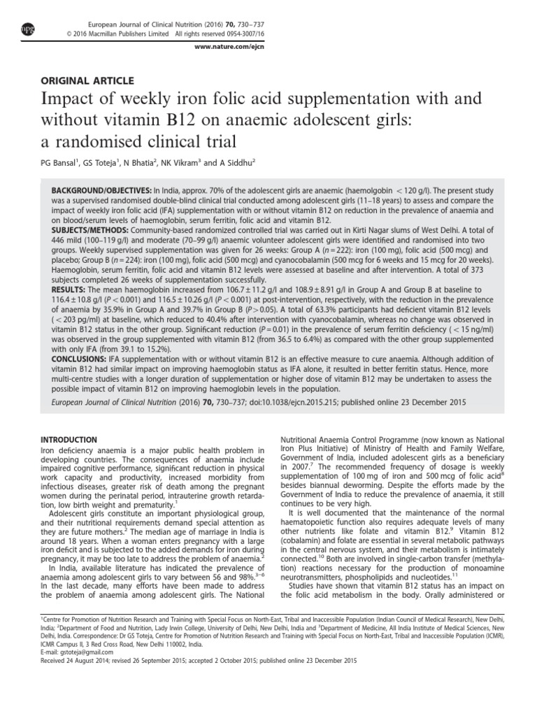 Jurnal Pemberian Terapi Mingguan Besi-Asam Folat Dengan Atau Tanpa B12 Pada Remaja: RCT | PDF ...