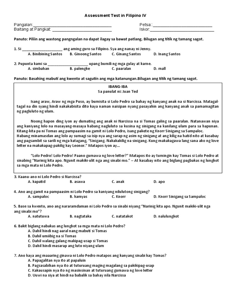 Assessment Test in Filipino IV | PDF