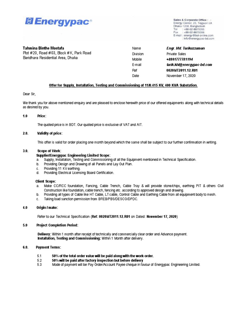 Technical Specification and Price Proposal 400 KVA Substation-RO1 | PDF ...