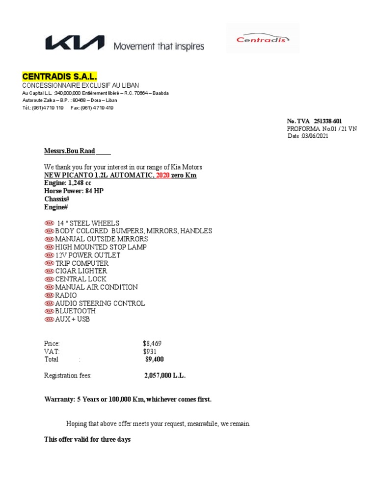 Kia Picanto 2020 Proforma Invoice | PDF