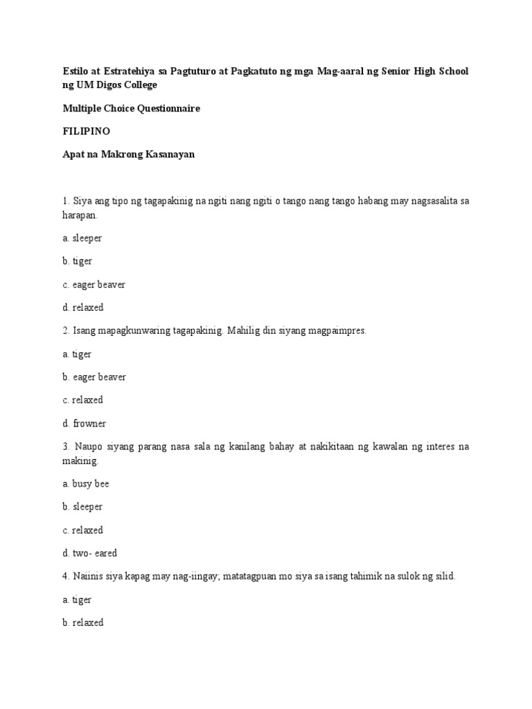 Multiple Choice Questionnaire-Filipino | PDF