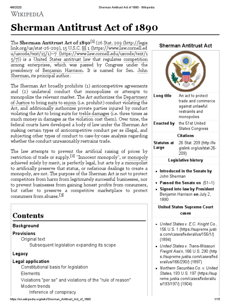 Overview of the Sherman Antitrust Act | PDF | Government | Justice