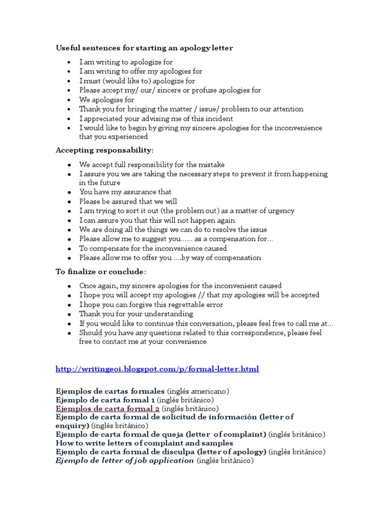 Useful Sentences For Starting An Apology Letter: Ejemplos de Carta ...