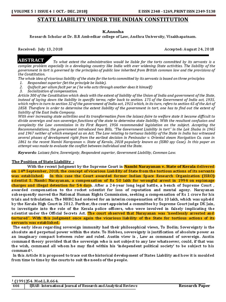 State Liability Under The Indian Constitution | PDF | Tort | Sovereign ...