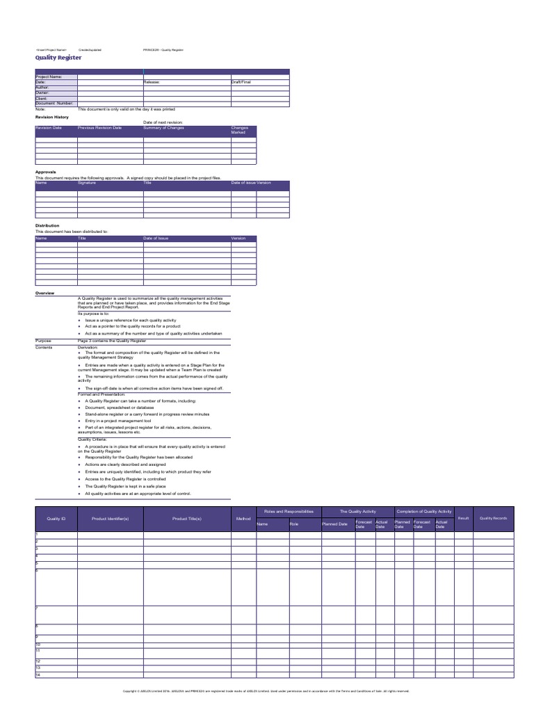 PRINCE2 Quality Register | PDF | Business | Computing