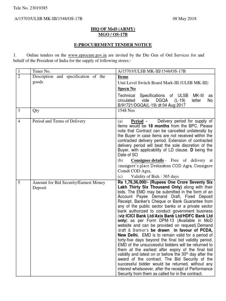 Ihq of Mod (Army) MGO / OS-17B E-Procurement Tender Notice | PDF | Request For Proposal | Cheque
