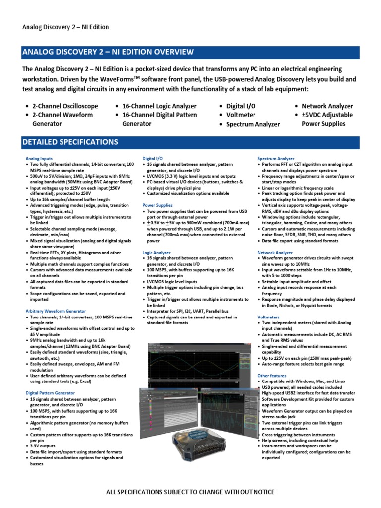 Analog Discovery 2 - Ni Edition Overview: Analog Inputs Digital I/O ...