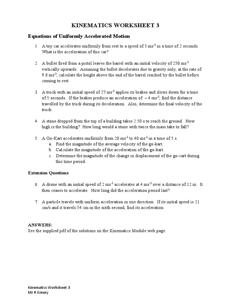 Kinematics Worksheet 3: Equations of Uniformly Accelerated Motion | PDF