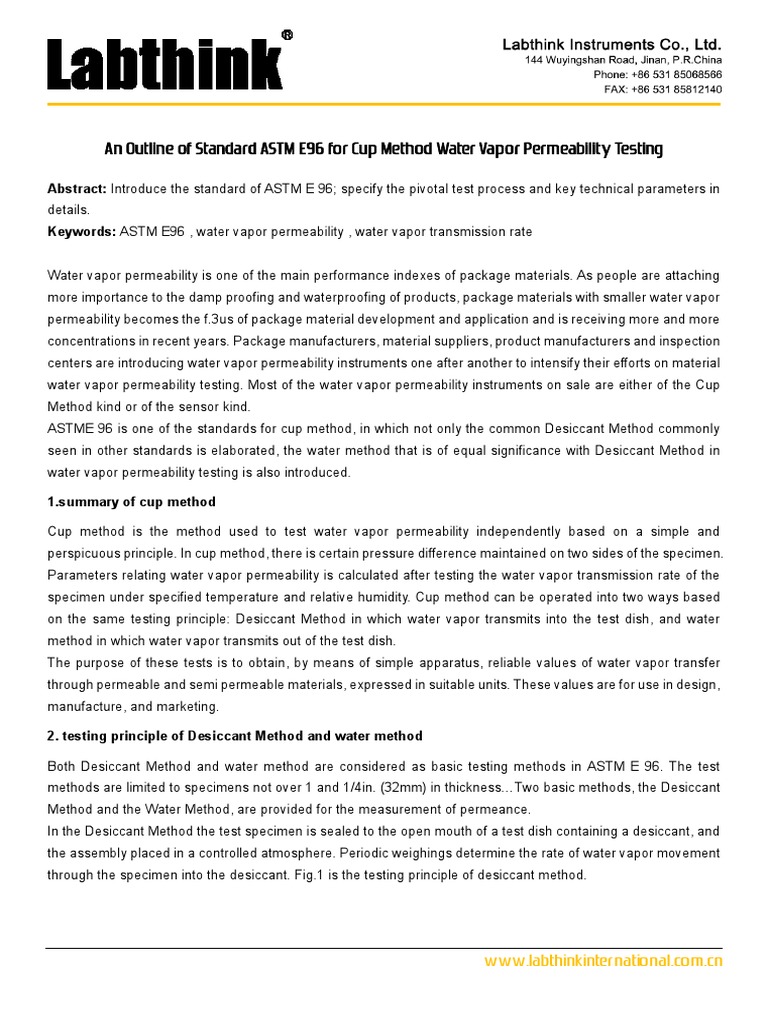 An Outline of Standard ASTM E96 For Cup Method Water Vapor Permeability ...