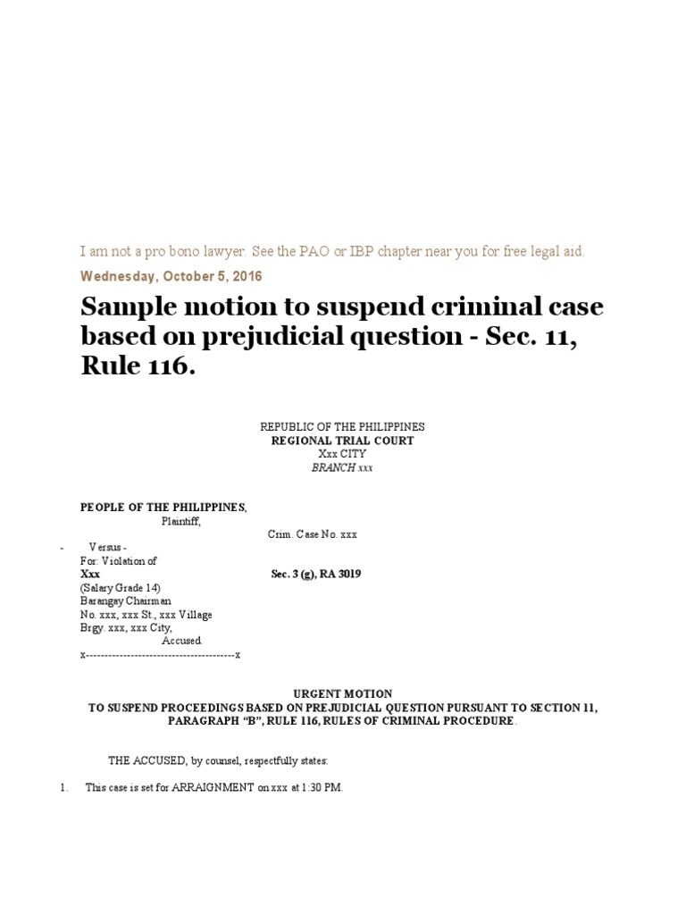 Atty. Manuel J. Laserna JR.: Sample Motion To Suspend Criminal Case ...
