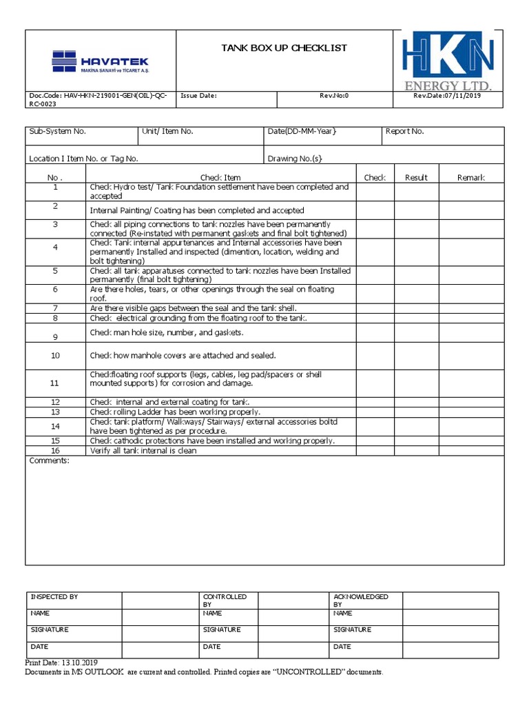 Tank Box Up Inspection Checklist | PDF | Building Engineering ...