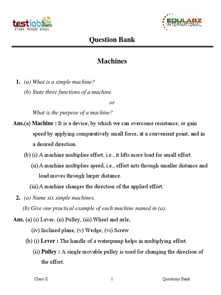Question Bank: 1. (A) What Is A Simple Machine? | PDF | Lever | Machines