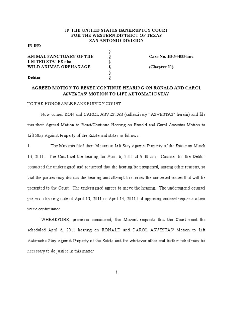 Motion to Continue Stay Hearing | PDF | Chapter 11 | Bankruptcy