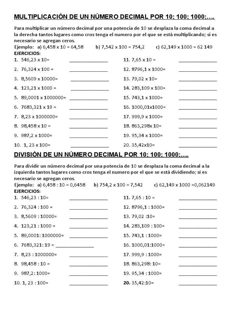 Prueba De Multiplicación De Decimales