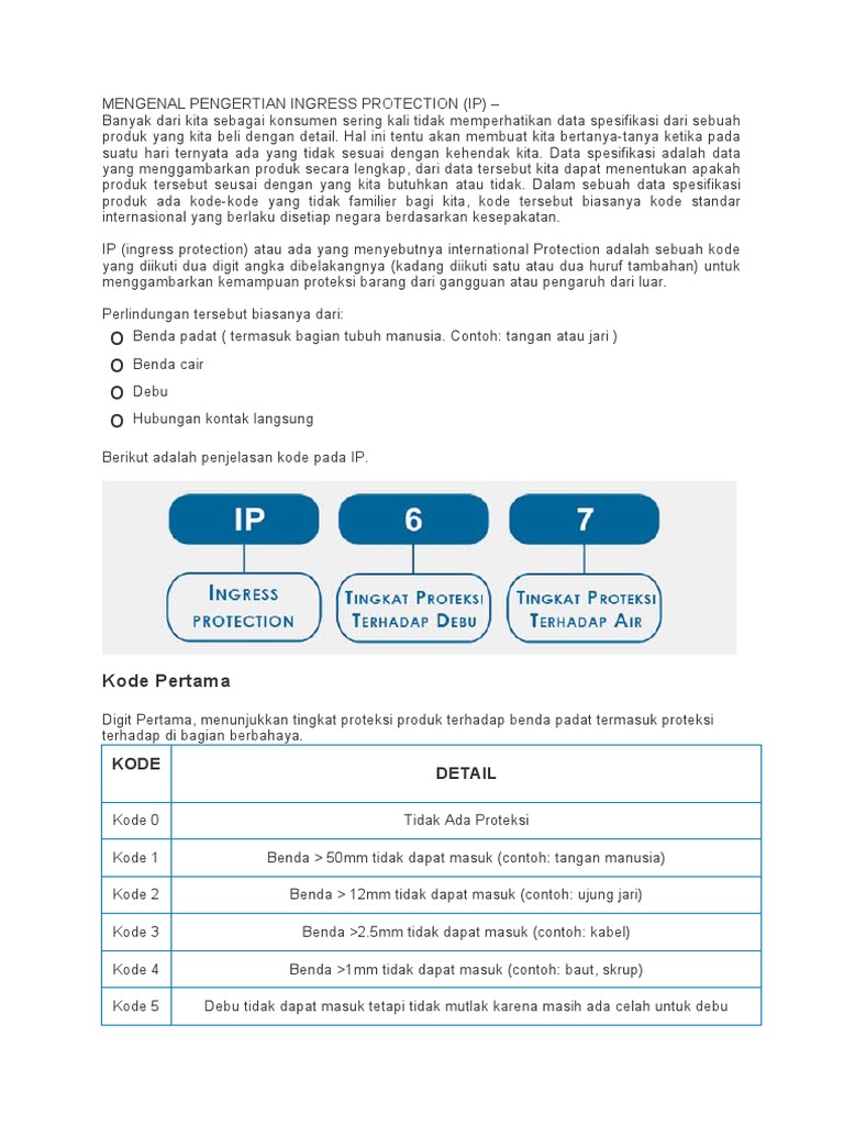 IP (ingress protection) - Pengertian dan Kode Pada Spesifikasi Produk | PDF