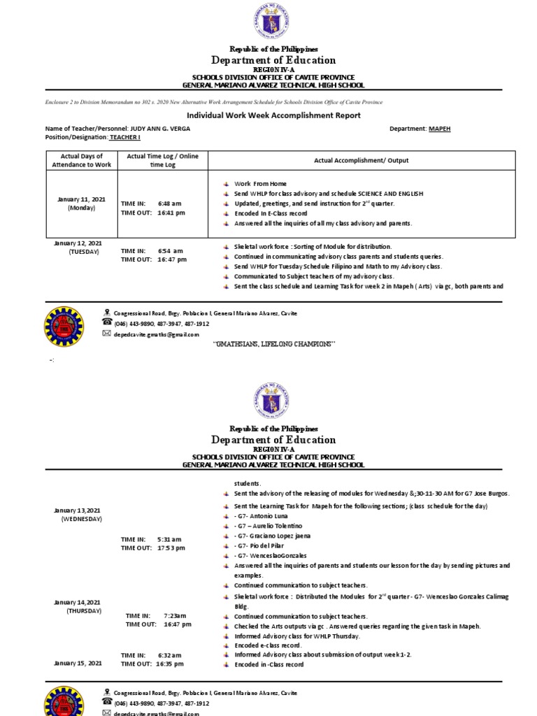 Department of Education: Individual Work Week Accomplishment Report ...