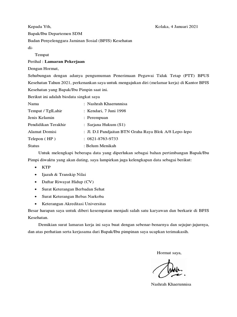 Surat Lamaran BPJS Kesehatan | PDF