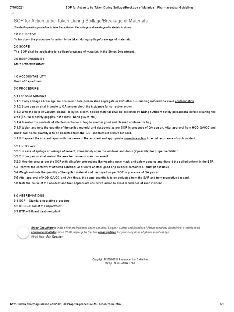 SOP For Action To Be Taken During Spillage - Breakage of Materials ...