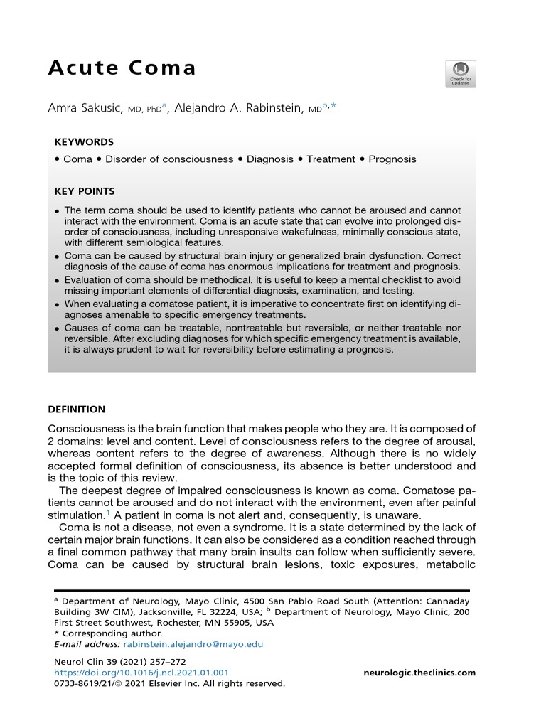Acute Coma | PDF | Coma | Neurology