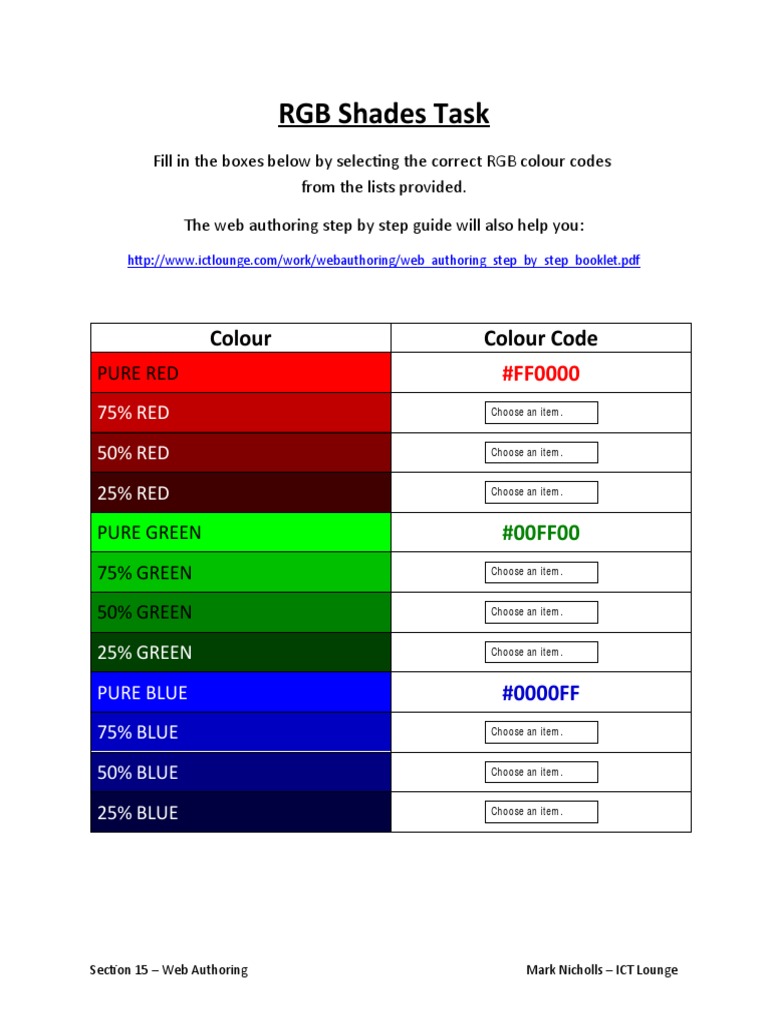 RGB Shades Task | PDF