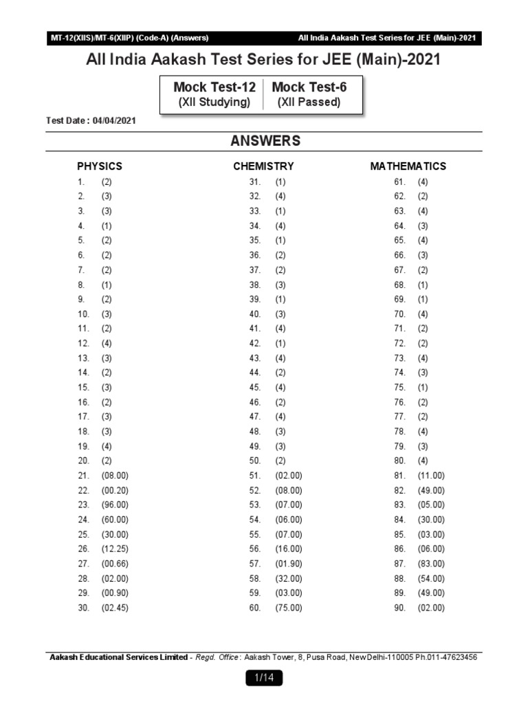 All India Aakash Test Series For JEE (Main) - 2021: Mock Test-12 Mock ...