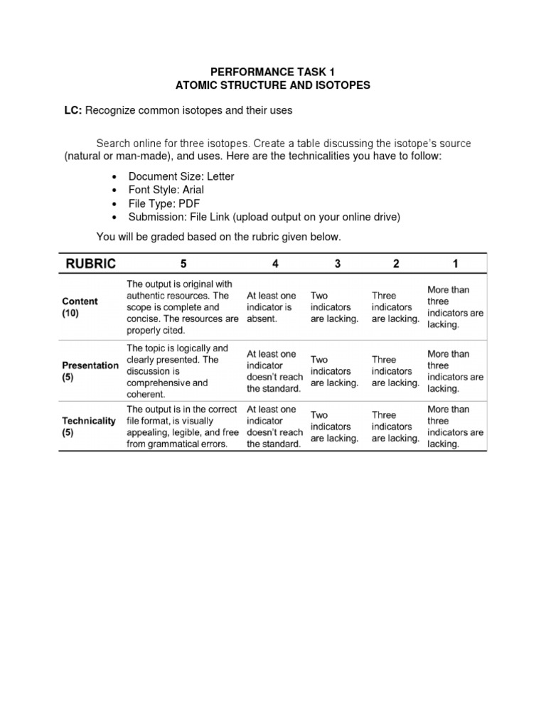 Performance Task 1 - Atomic Structure & Isotopes | PDF