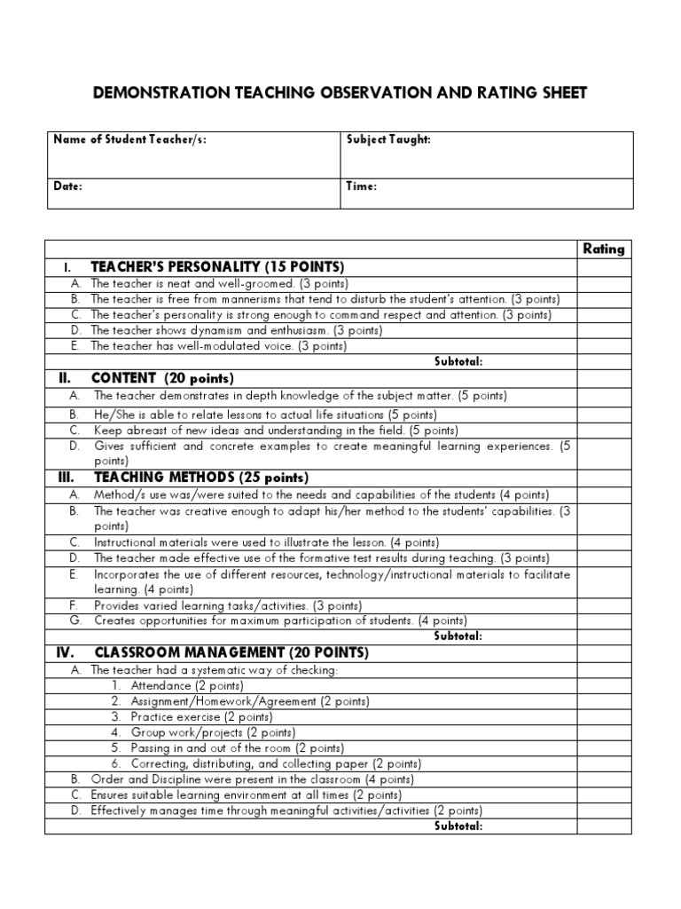 Demonstration Teaching Observation and Rating Sheet | PDF | Teachers ...