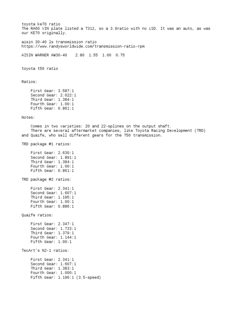 KE70 Gear and Diff Ratios Guide | PDF