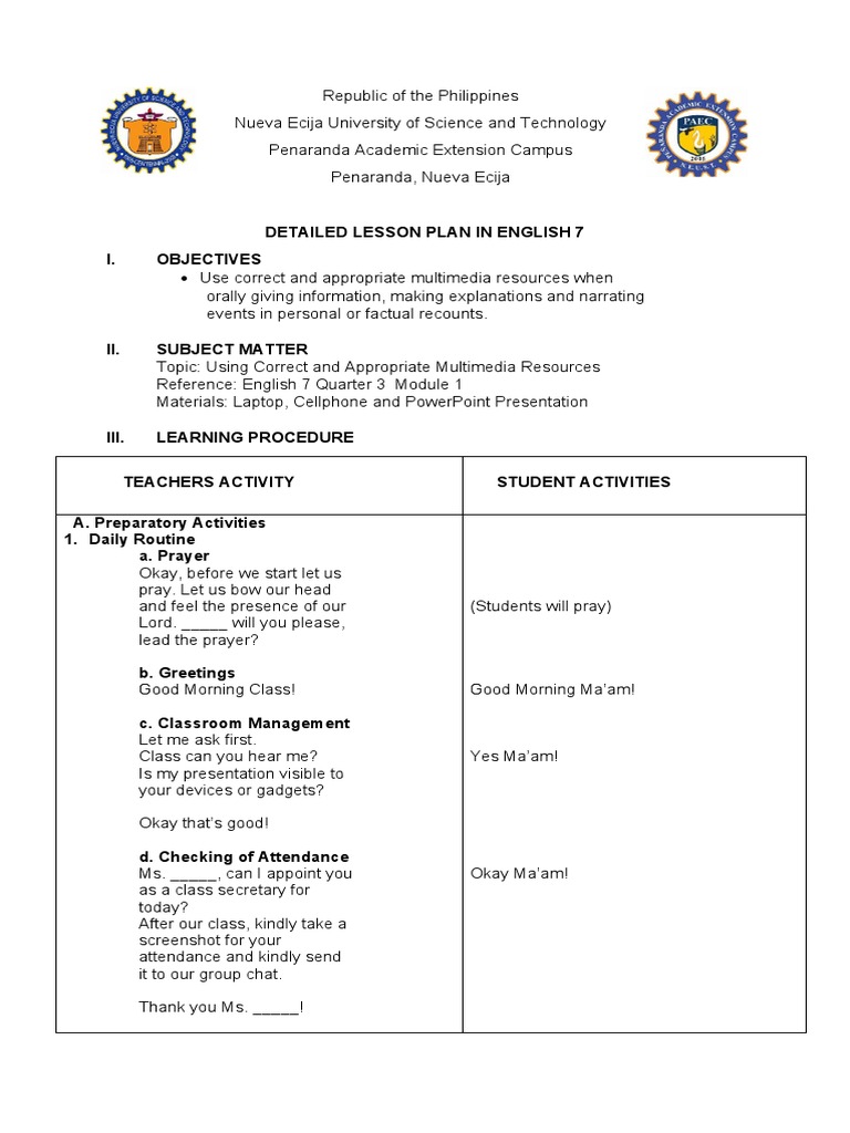 Detailed Lesson Plan in English 7 I. Objectives | PDF | Multimedia ...