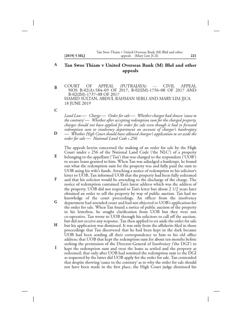 Tan Swee Thiam V United Overseas Bank (M) BHD and Other Appeals | PDF ...