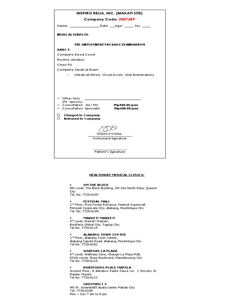 Inspiro Relia, Inc. (Makati Site) Company Code:: Medical Services | PDF