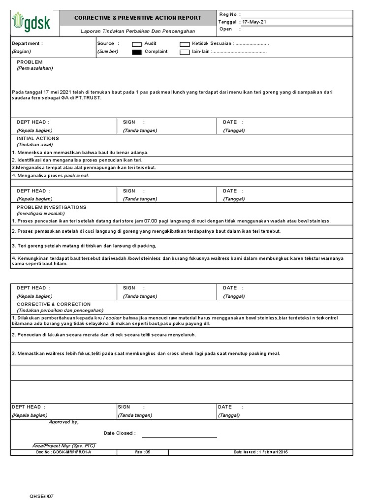 Cpa (Corrective & Preventive Action Report) Form | PDF